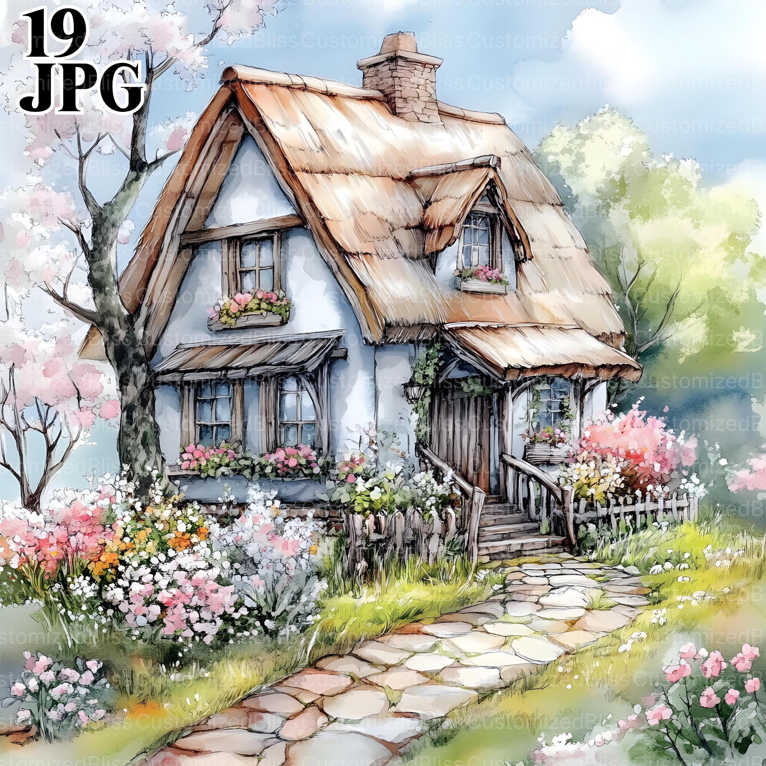 White Cottage in Spring Clipart Bundle, 19 High Res Watercolor Jpgs for ...