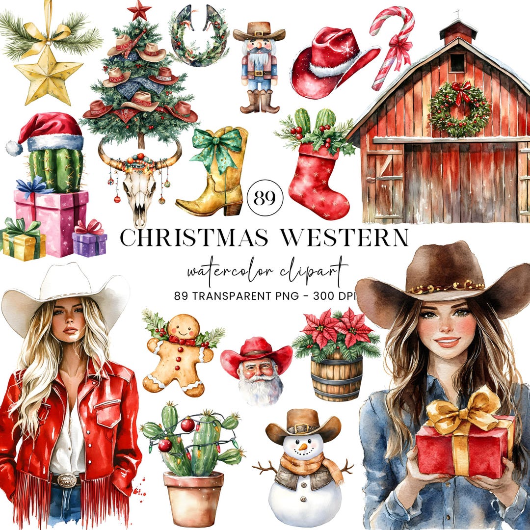 Watercolor Christmas Western Clipart, Wild West Clip Art, Cowgirl ...