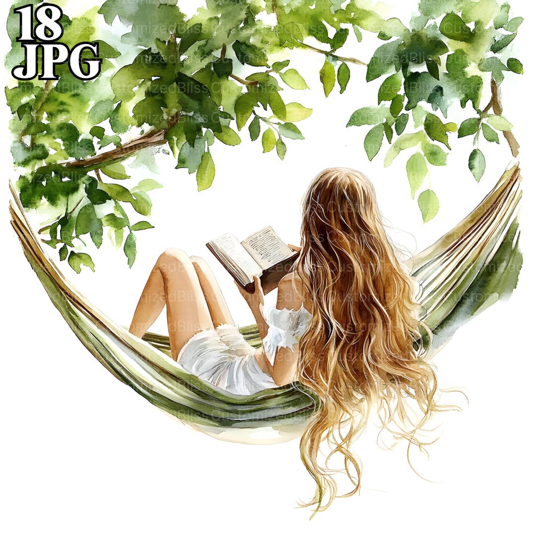 18 Woman Reading in Hammock Clipart, Reading Clipart, Bookworm Clipart ...