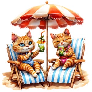 16 Cute Beach Cats Clipart, Summer Cats on Vacation Clipart, Tropical ...