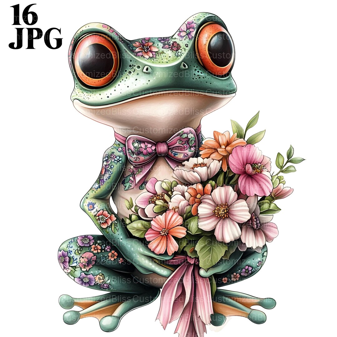 16 Frog With Floral Bouquet Clipart, Cute Frog With Bow Tie and Flowers ...