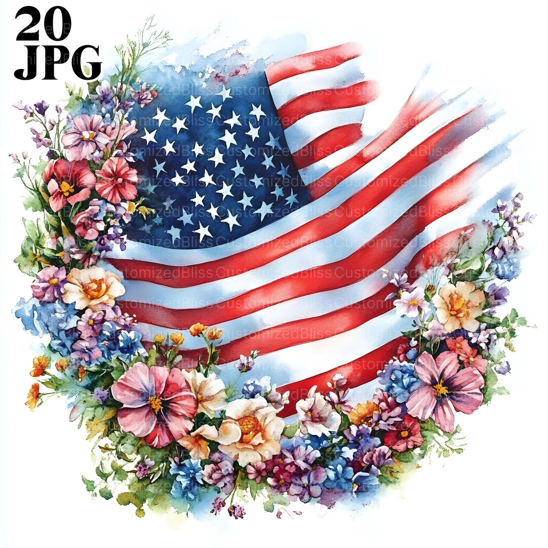 20 American Flag Clipart, 4th of July Clipart, Floral Stars and Stripes ...