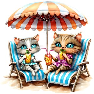 16 Cute Beach Cats Clipart, Summer Cats on Vacation Clipart, Tropical ...