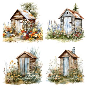 Rustic Outhouse With Flowers Clipart Bundle, 15 High Quality Watercolor ...