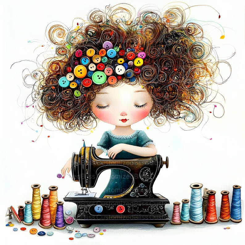 20 Quirky Sewing Clipart, Whimsical Sewing, Whimsical Girl, High ...