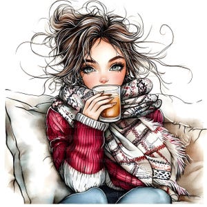 18 Winter Girl Clipart, Cute Girl With Coffee, Whimsical Relaxing ...