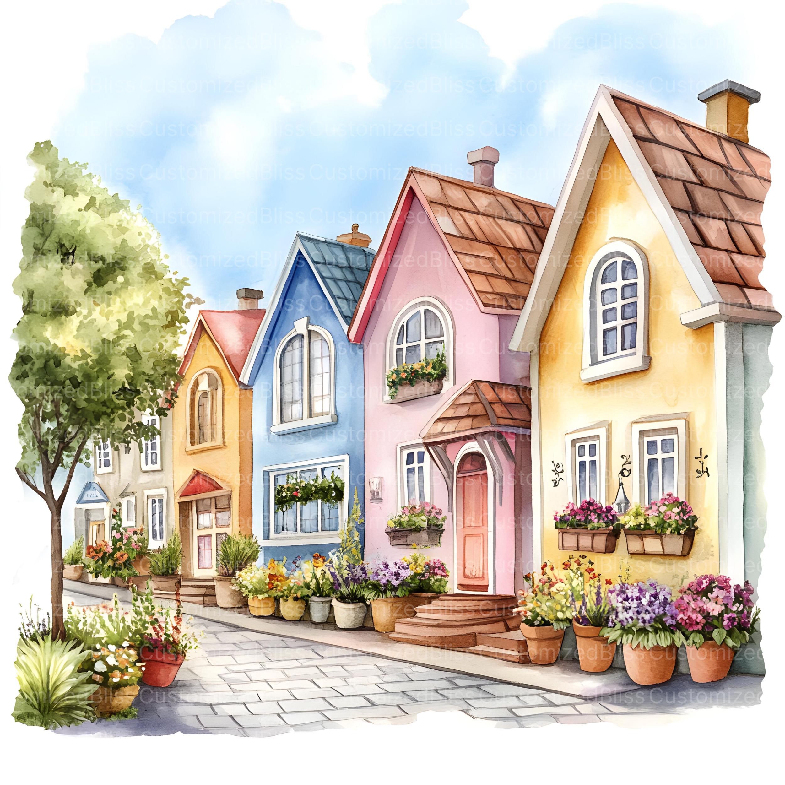 Whimsical Row Houses Clipart Bundle, 20 High Quality Jpgs, Watercolor ...