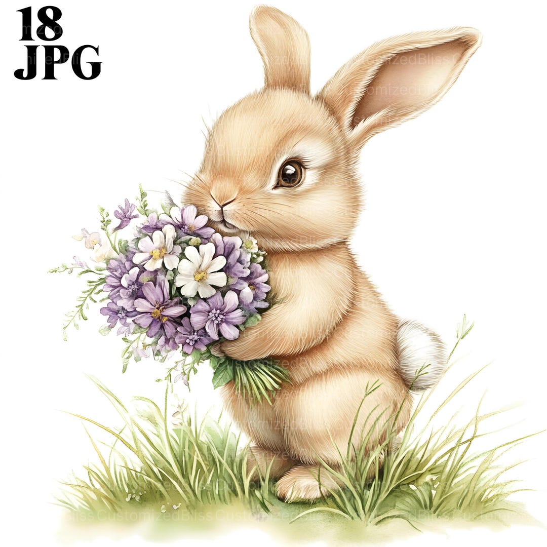 18 Bunny With Spring Flower Bouquet Clipart, Cute Bunny, High Quality ...