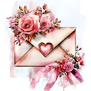 Love Letter With Pink Flowers Clipart Bundle, Valentine's Day, 20 High ...