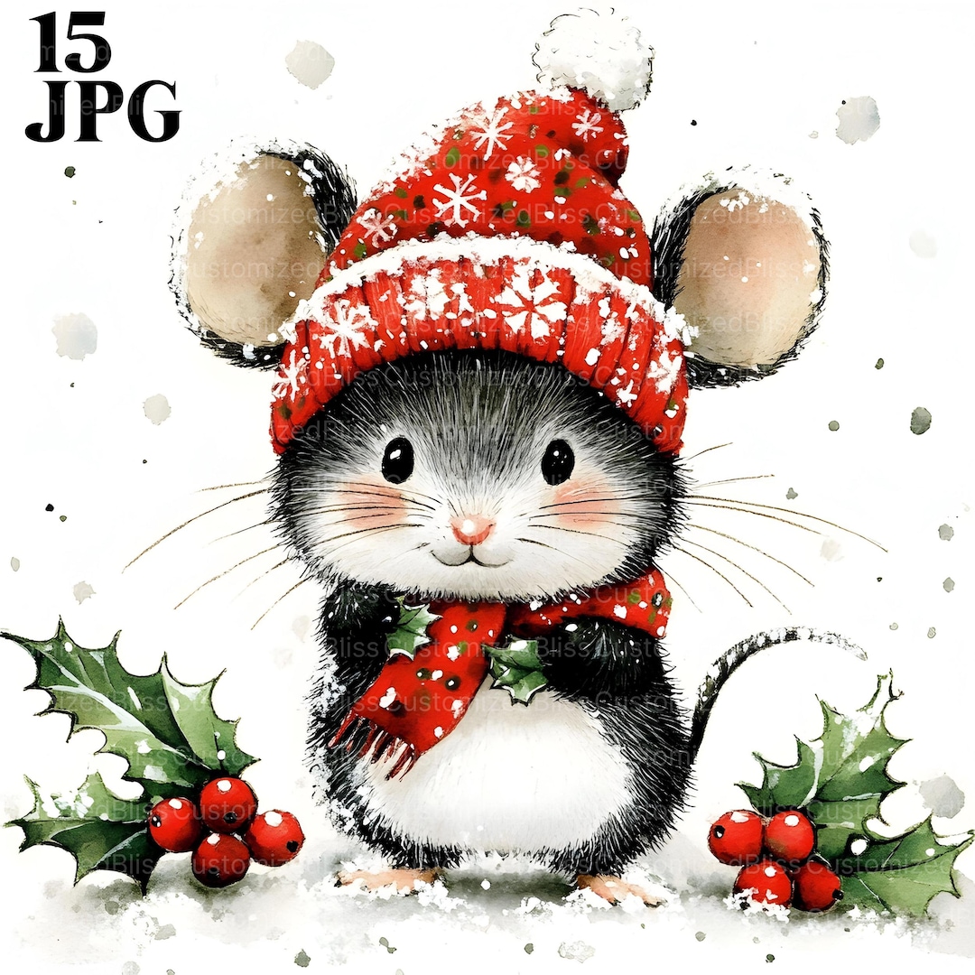 15 Holly Mouse Clipart, Watercolor Mouse, Woodland Animals, Festive ...