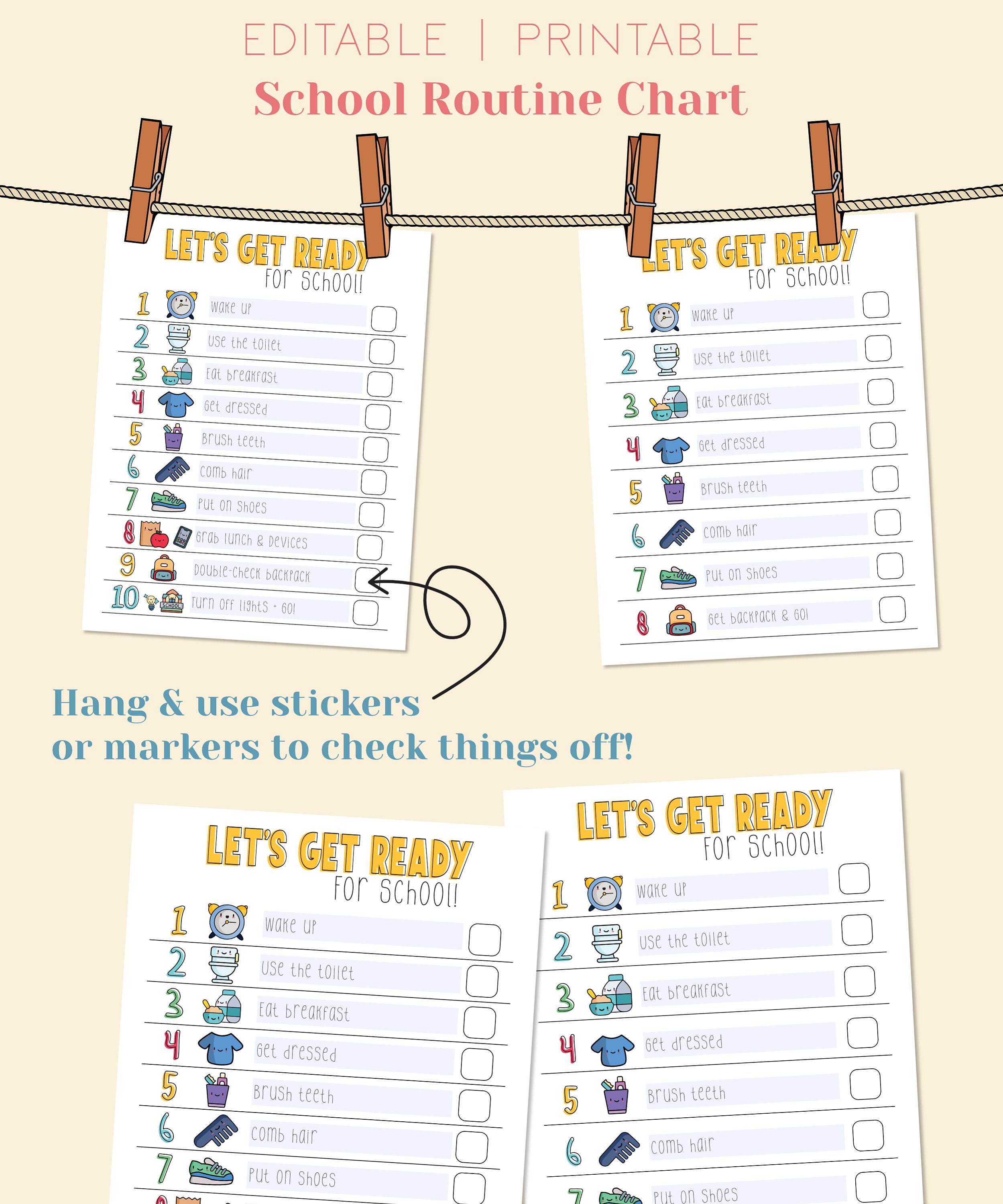 School Routine Chart Printable Checklist for Kids, Morning Routine ...