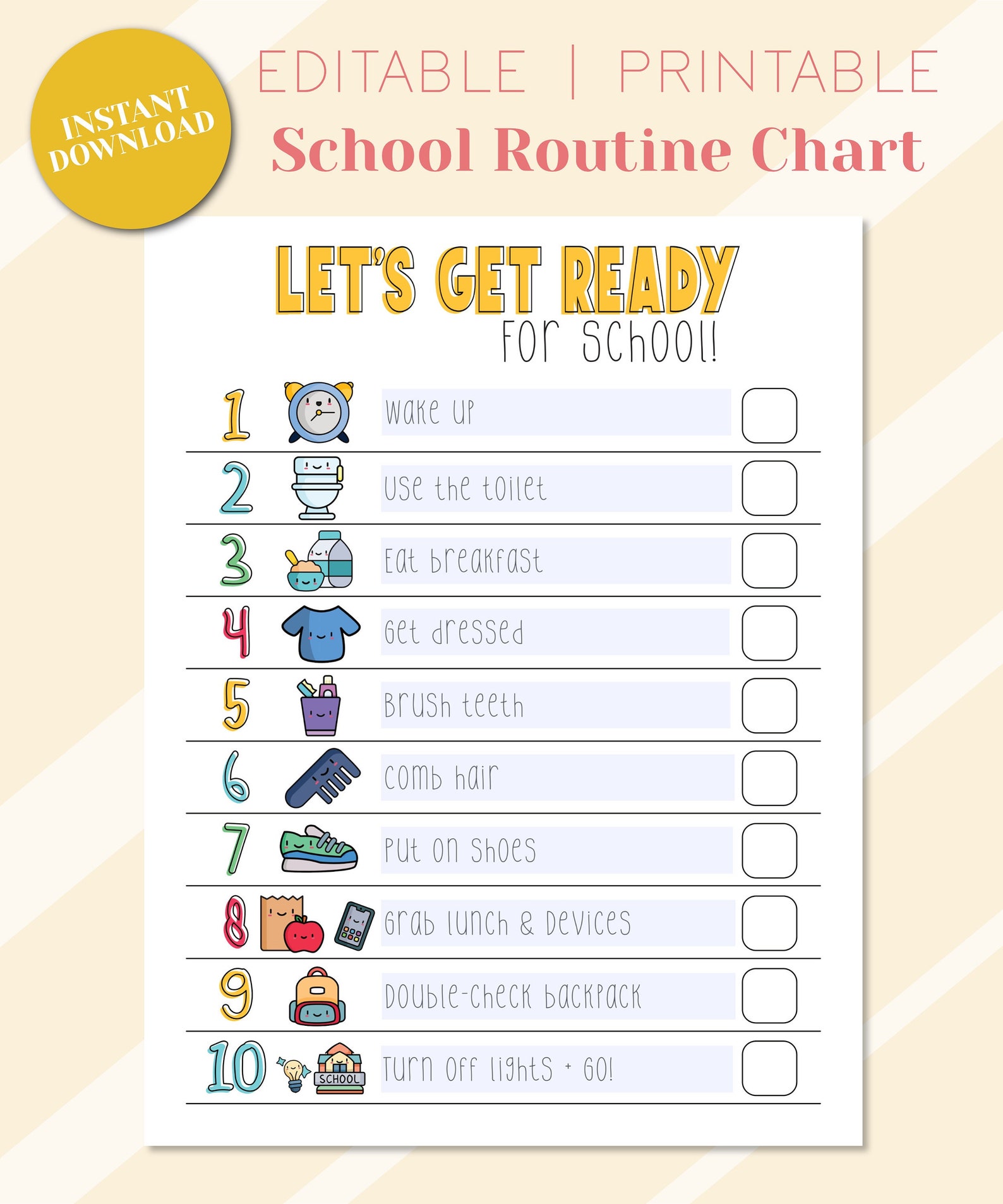 School Routine Chart Printable Checklist for Kids, Morning Routine ...