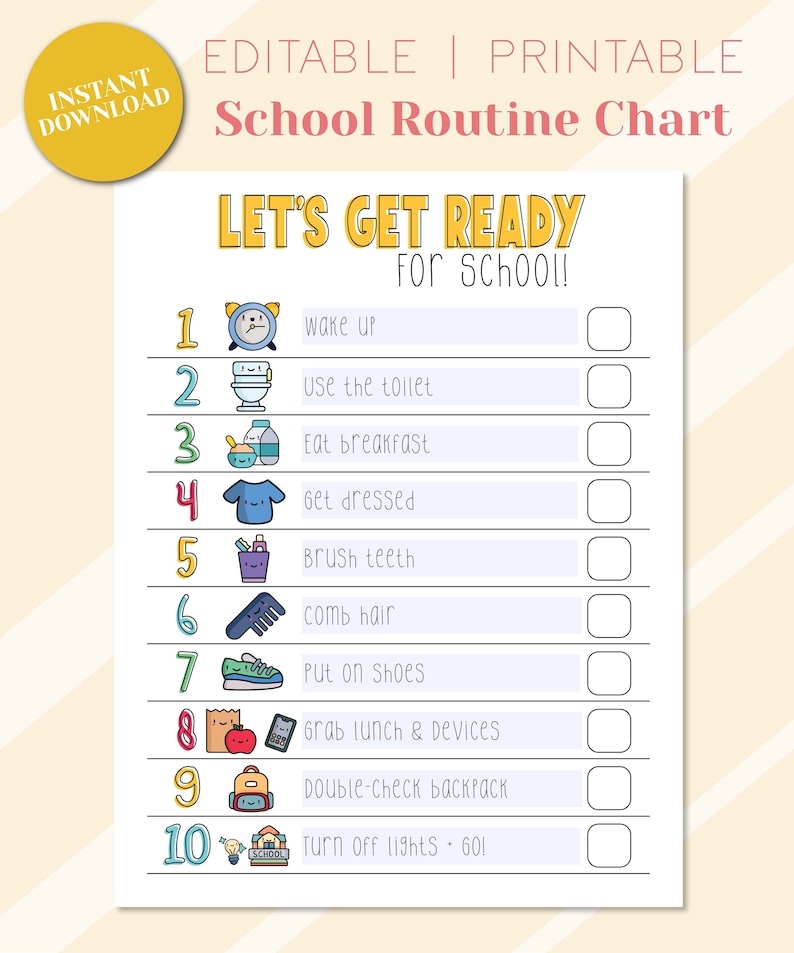 School Routine Chart Printable Checklist for Kids, Morning Routine ...