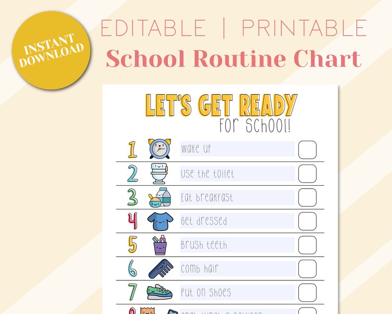 School Routine Chart Printable Checklist for Kids Morning - Etsy