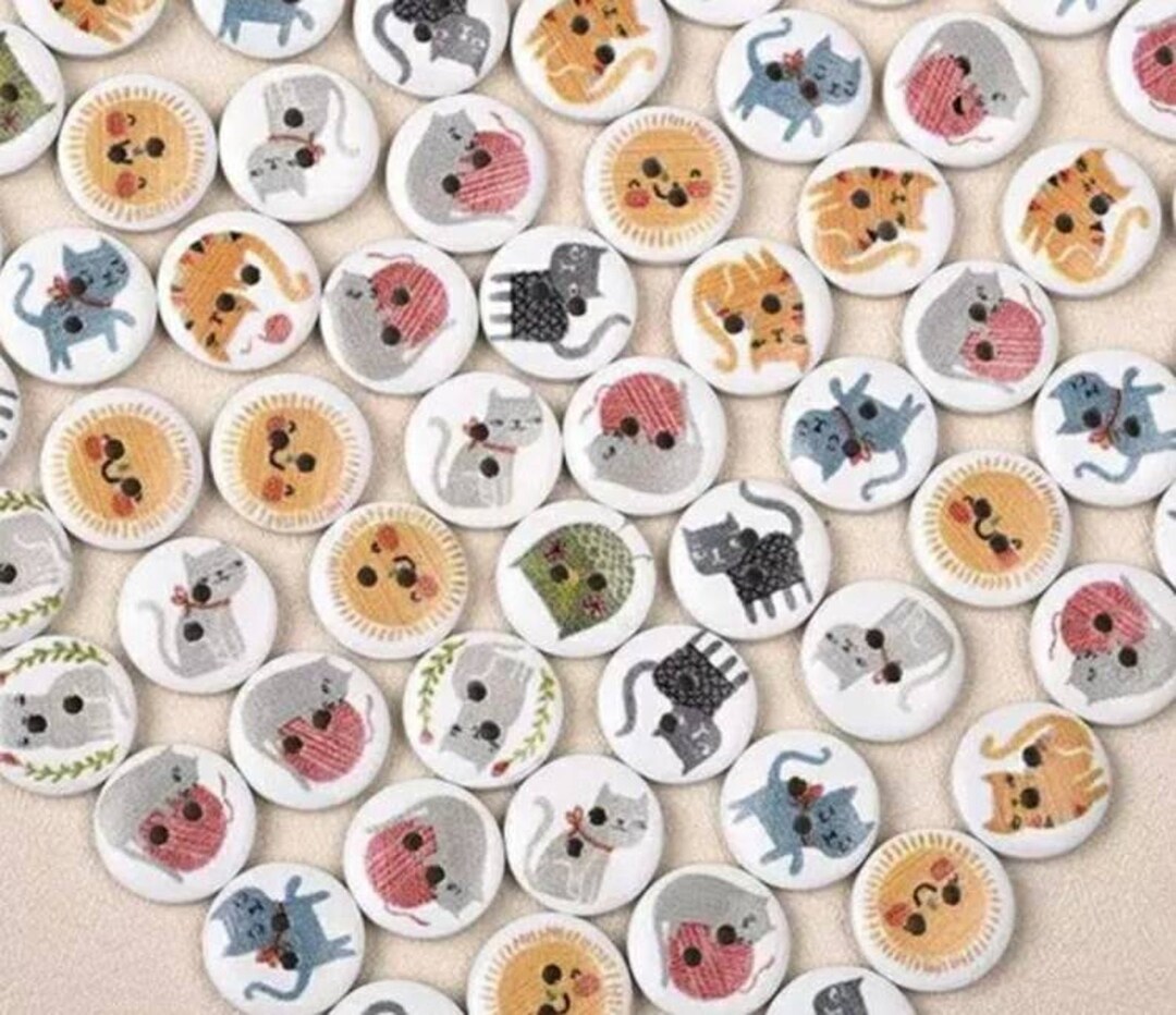 10 X Wood Buttons 15mm Round Buttons Cat Buttons Childrens - Etsy