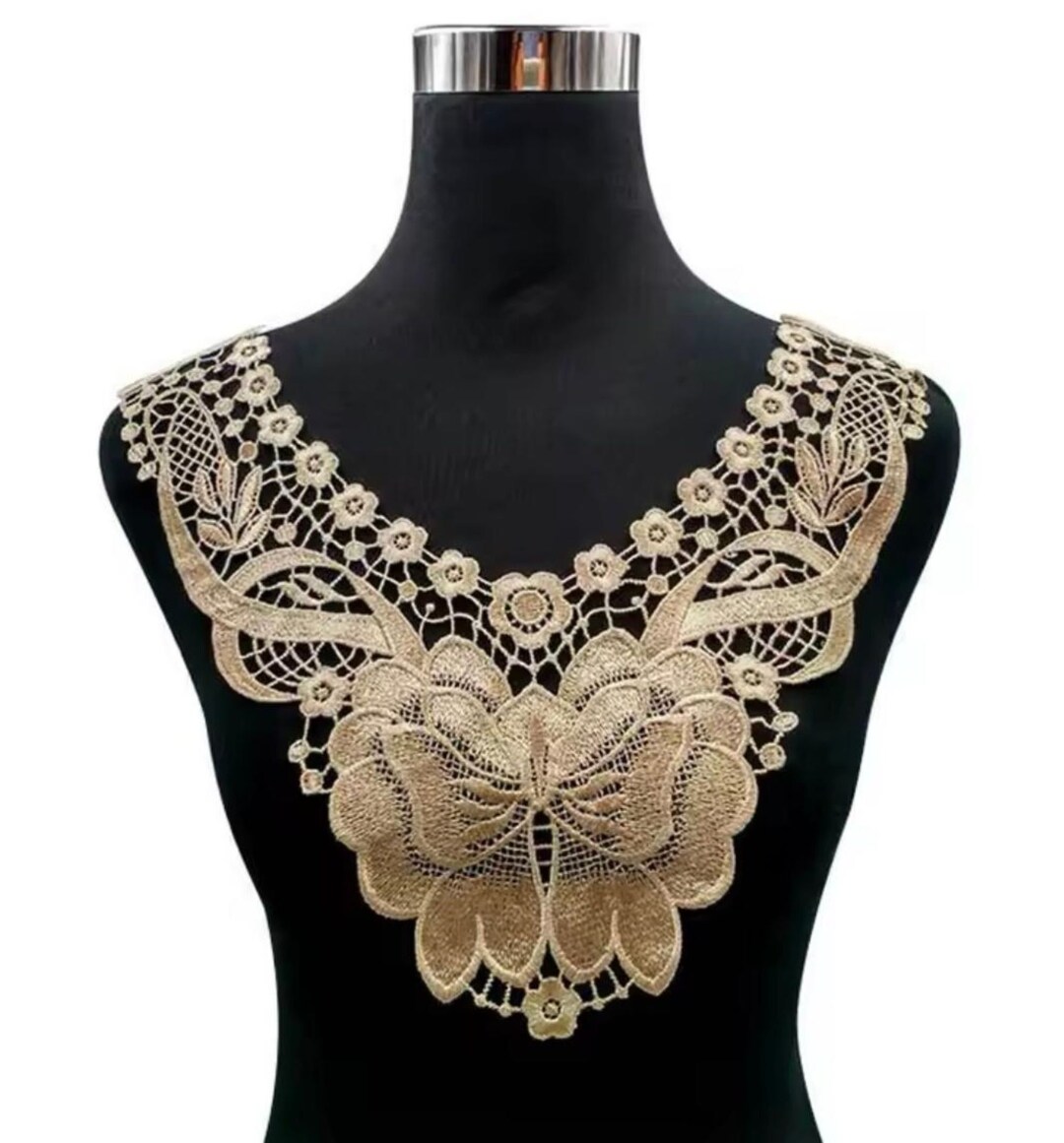 Gold Embroidered Lace Neckline Applique: Floral Polyester Neck Piece - Etsy