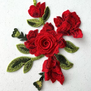 Large 3D Embroidered Red Flower Applique, Sew-on Applique, Red Rose ...