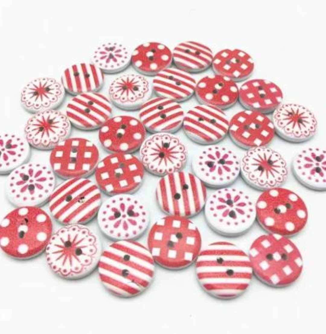 10 X Wood Buttons, Red & White Buttons, 15mm Round Buttons - Etsy