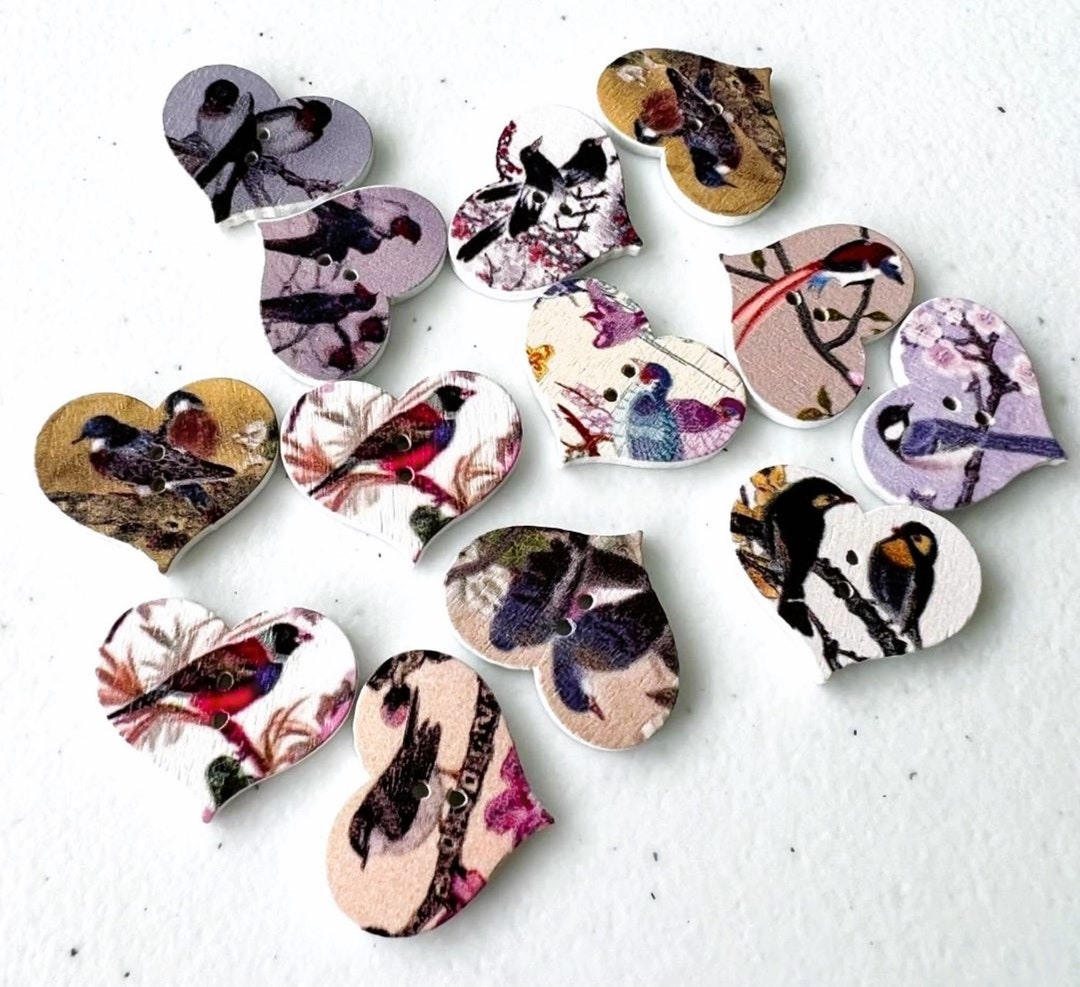 Bird Heart Wood Buttons: 25mm Sewing Embellishments (6 Pc) - Etsy