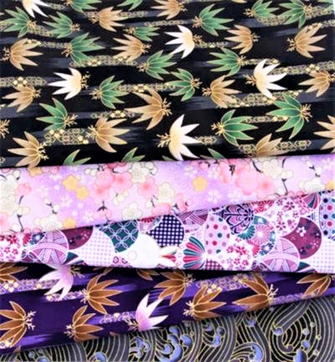 5 Piece Japanese Print Fabric Bundle, 100% Cotton Fabric, Japanese ...