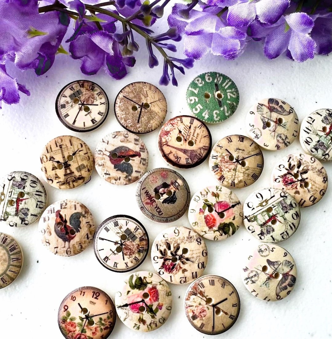 Vintage Style Clock Wood Buttons: 20mm Retro Sewing Buttons (pack of 10 ...
