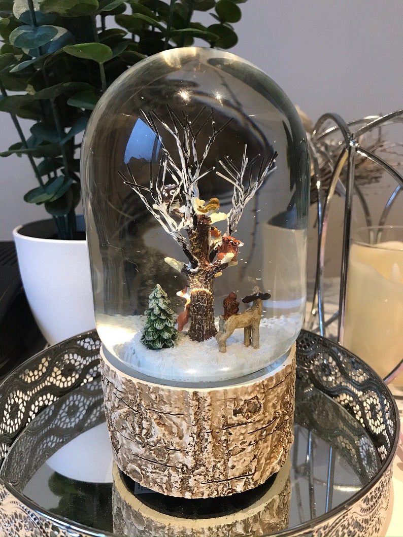Christmas Snowglobe Woodland Animals Musical Snow Globe, Birch Base ...