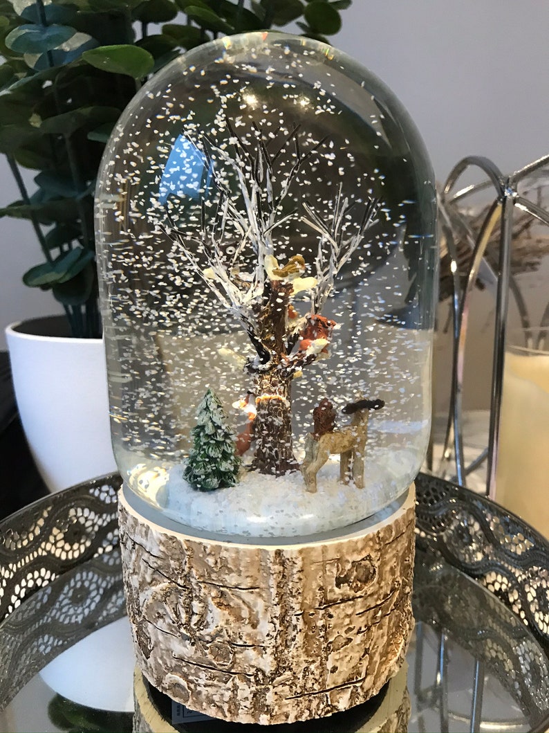 Christmas Snowglobe Woodland Animals Musical Snow Globe, Birch Base ...