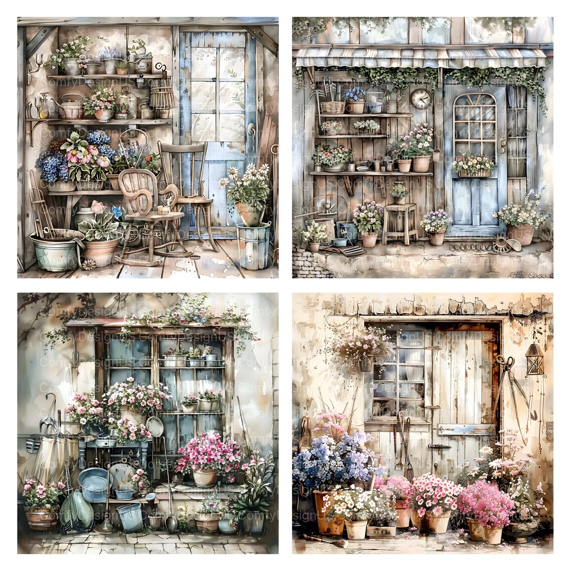 15 Garden Clipart, Shabby Chic Garden, Vintage Flower Shop, Printable ...