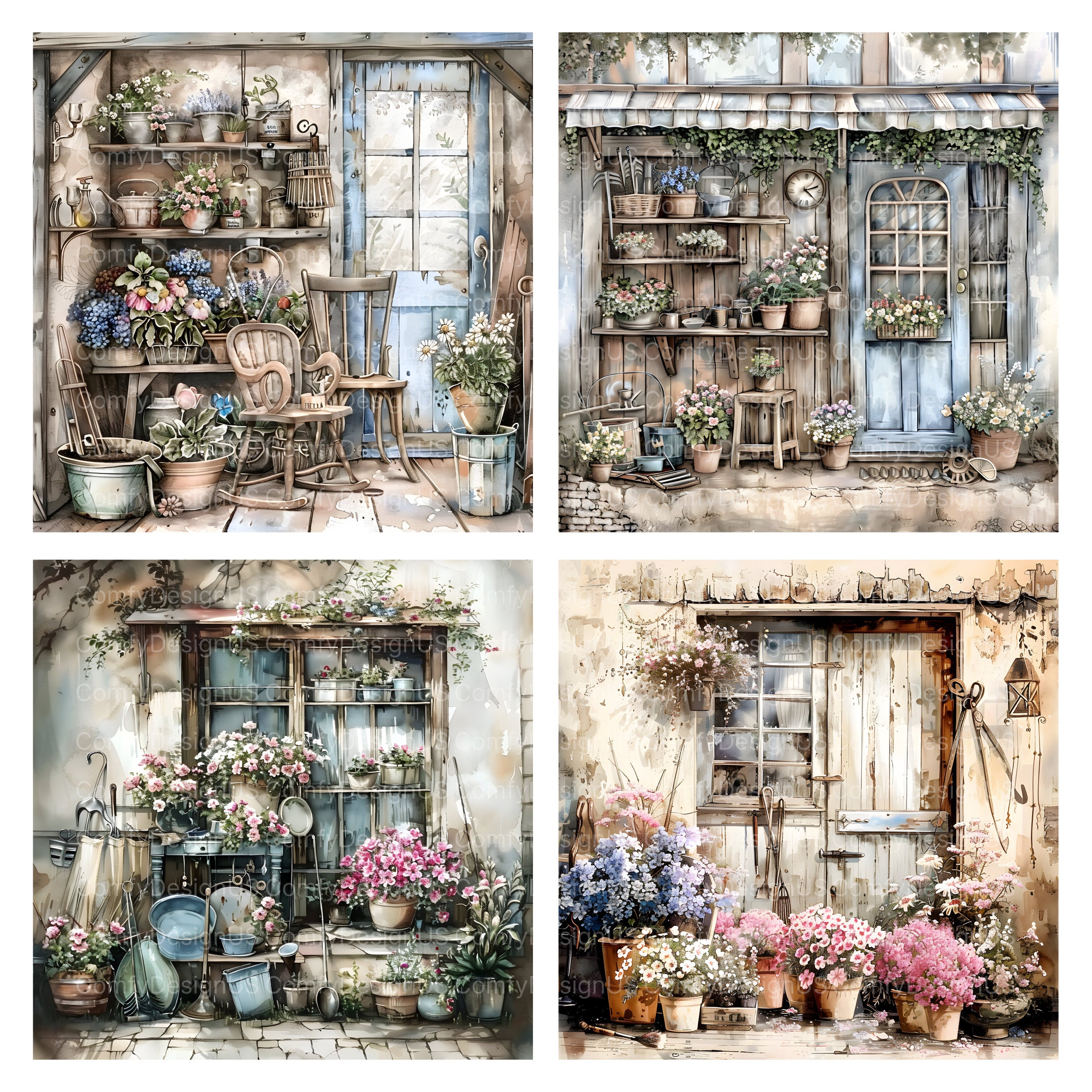 15 Garden Clipart, Shabby Chic Garden, Vintage Flower Shop, Printable ...