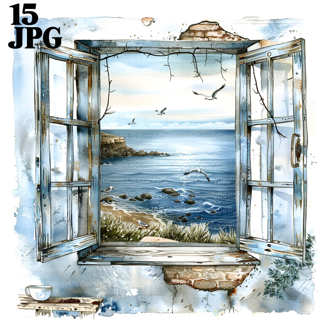 15 Window Ocean View Clipart, Window Sea View, Printable Watercolor ...