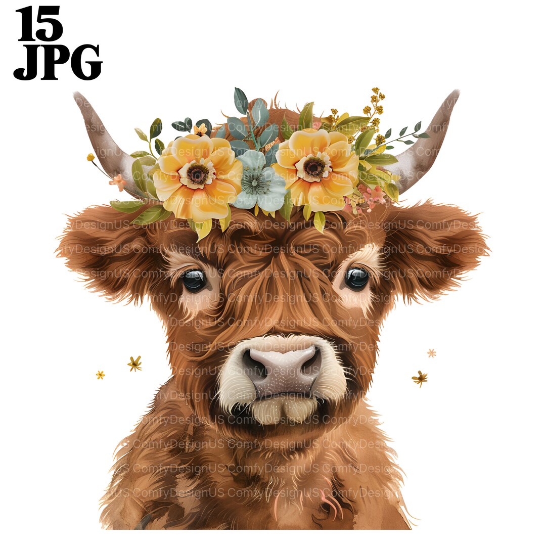 15 Floral Highland Cow Baby Clipart, Highland Calf, Printable ...