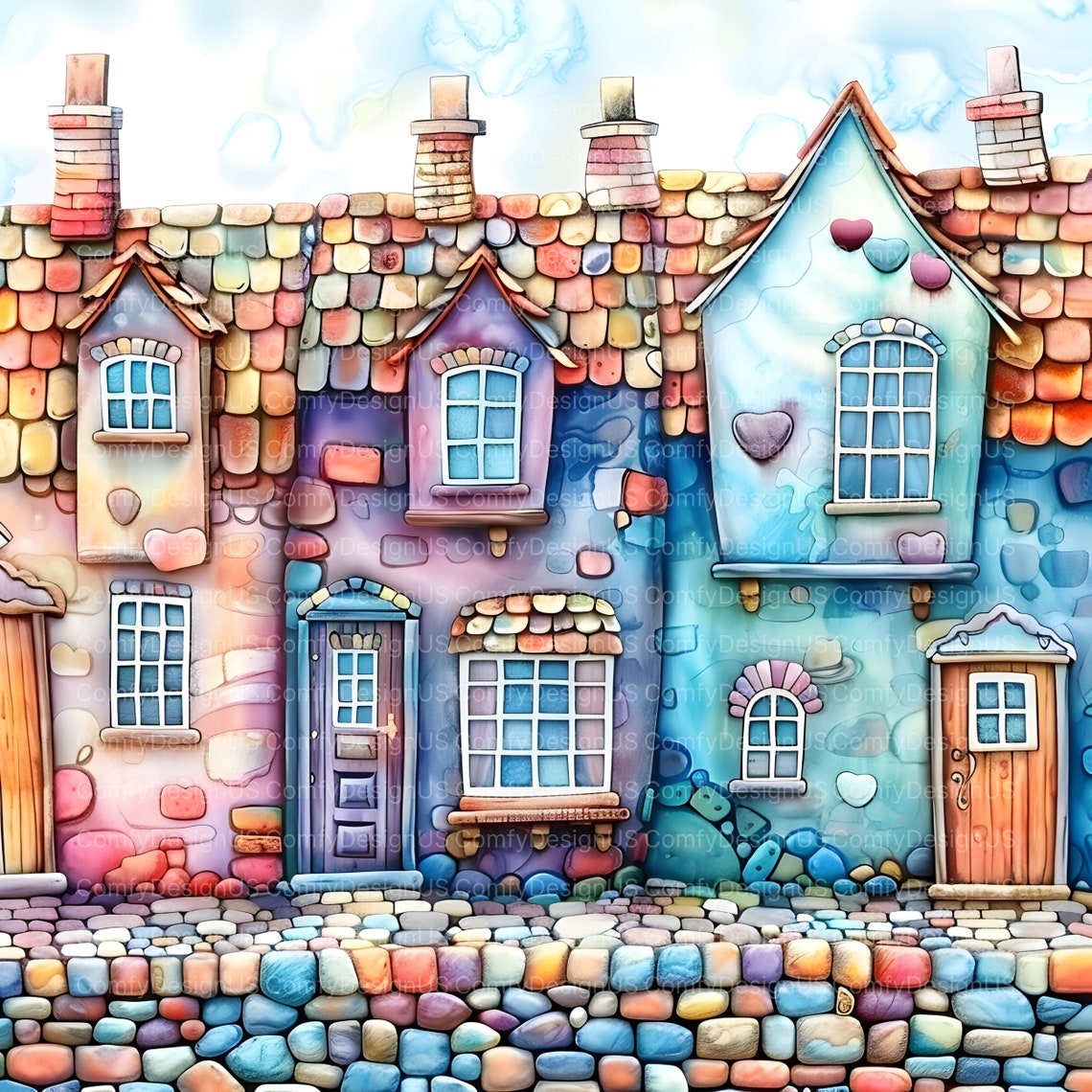 15 Stone Row Houses Clipart, Skinny Houses, Shabby Chic, Printable ...
