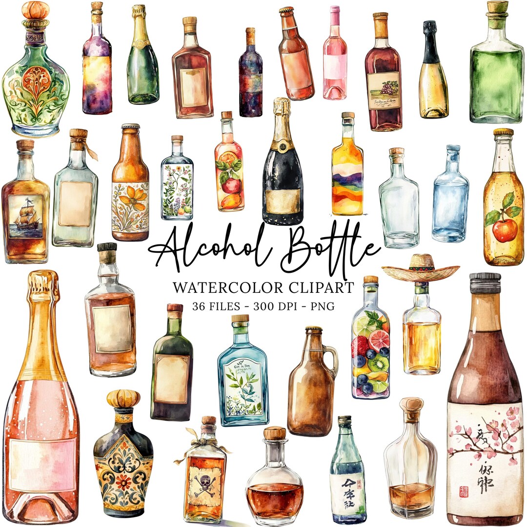 Watercolor Alcohol Bottle Clipart Bundle, Rum Bottles PNG, Whisky ...