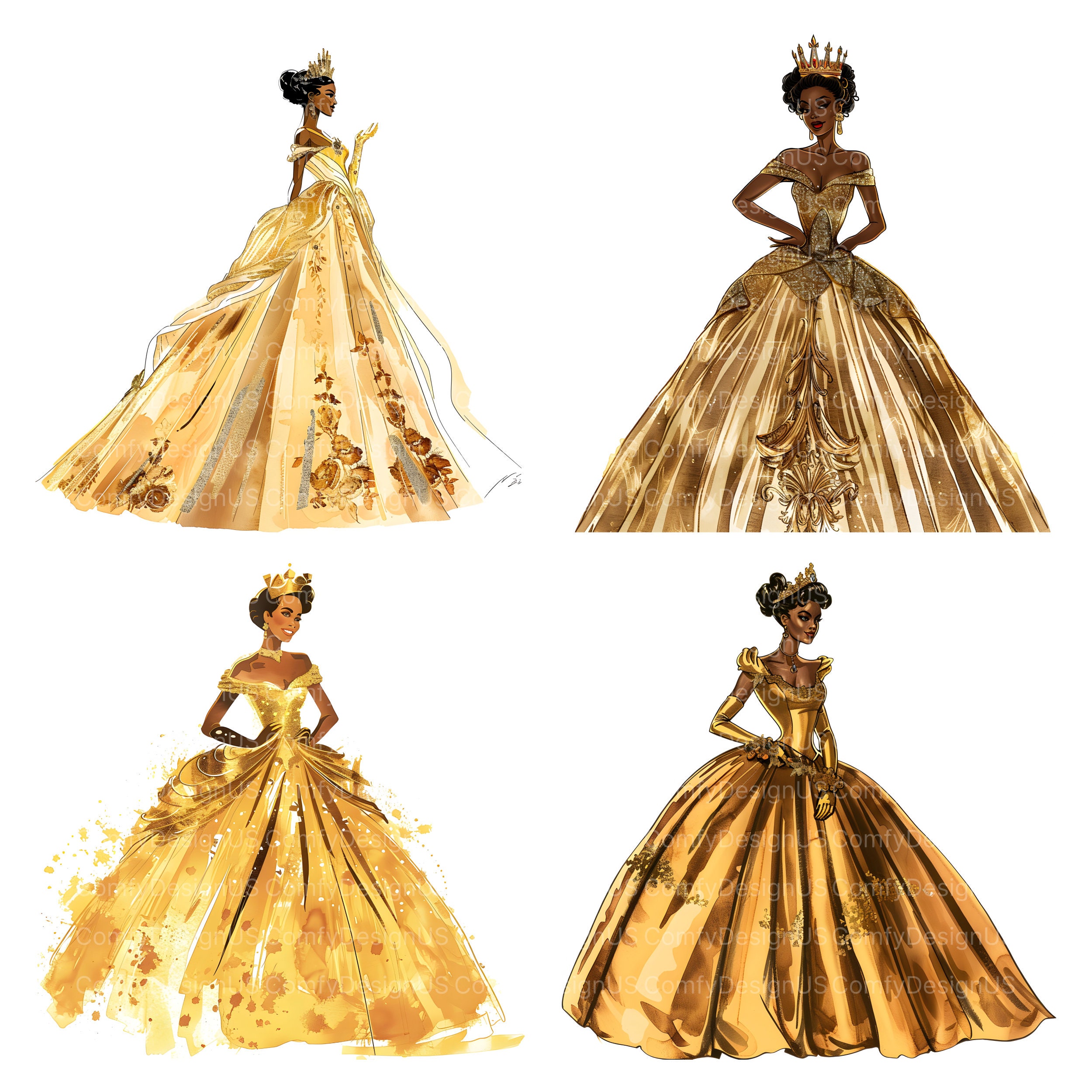 15 African American Princess Clipart, Gold Dress, Gold Ballgown, Prom ...