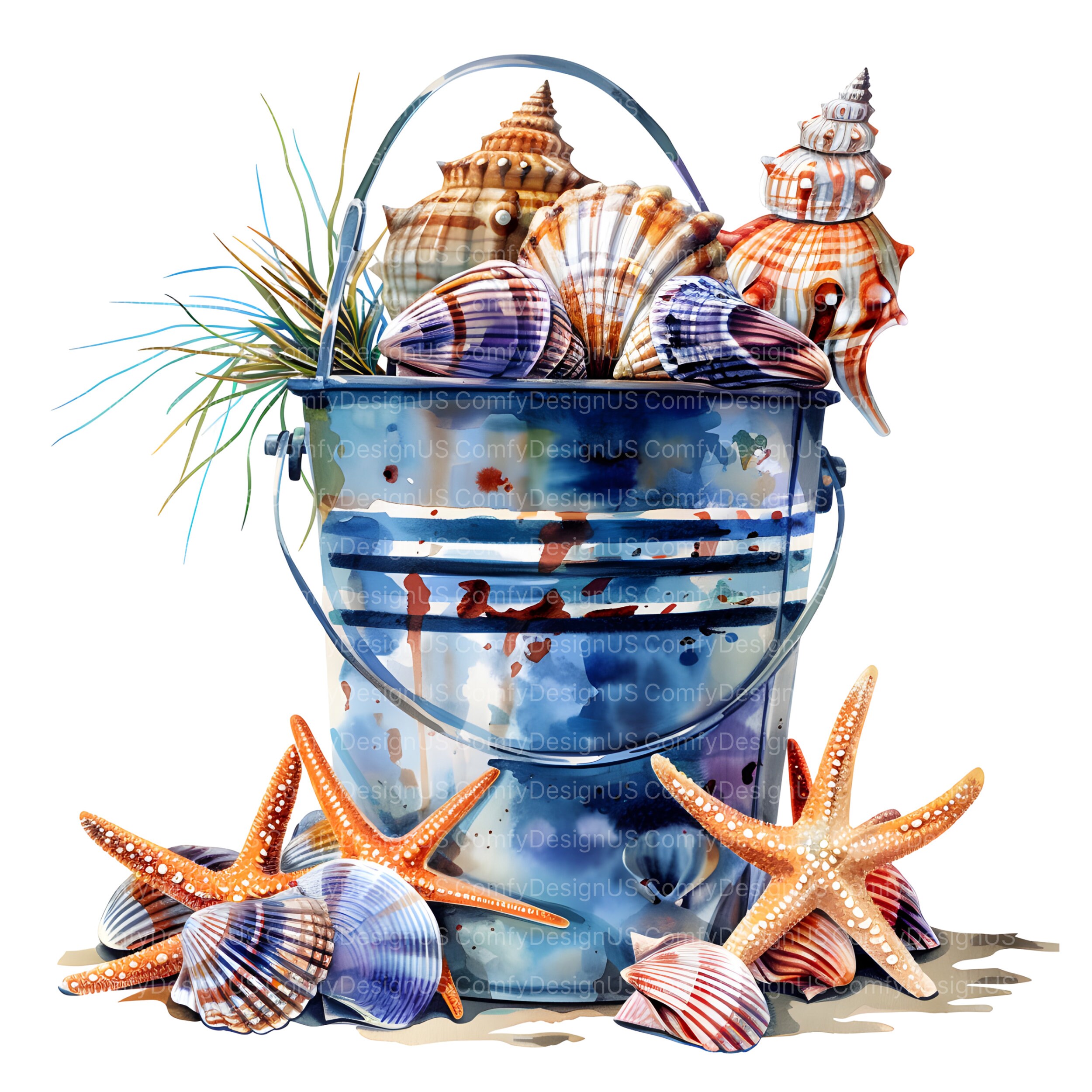 Seashells in a Bucket Clipart Bundle, Summer Sea Art, Bucket Clipart ...