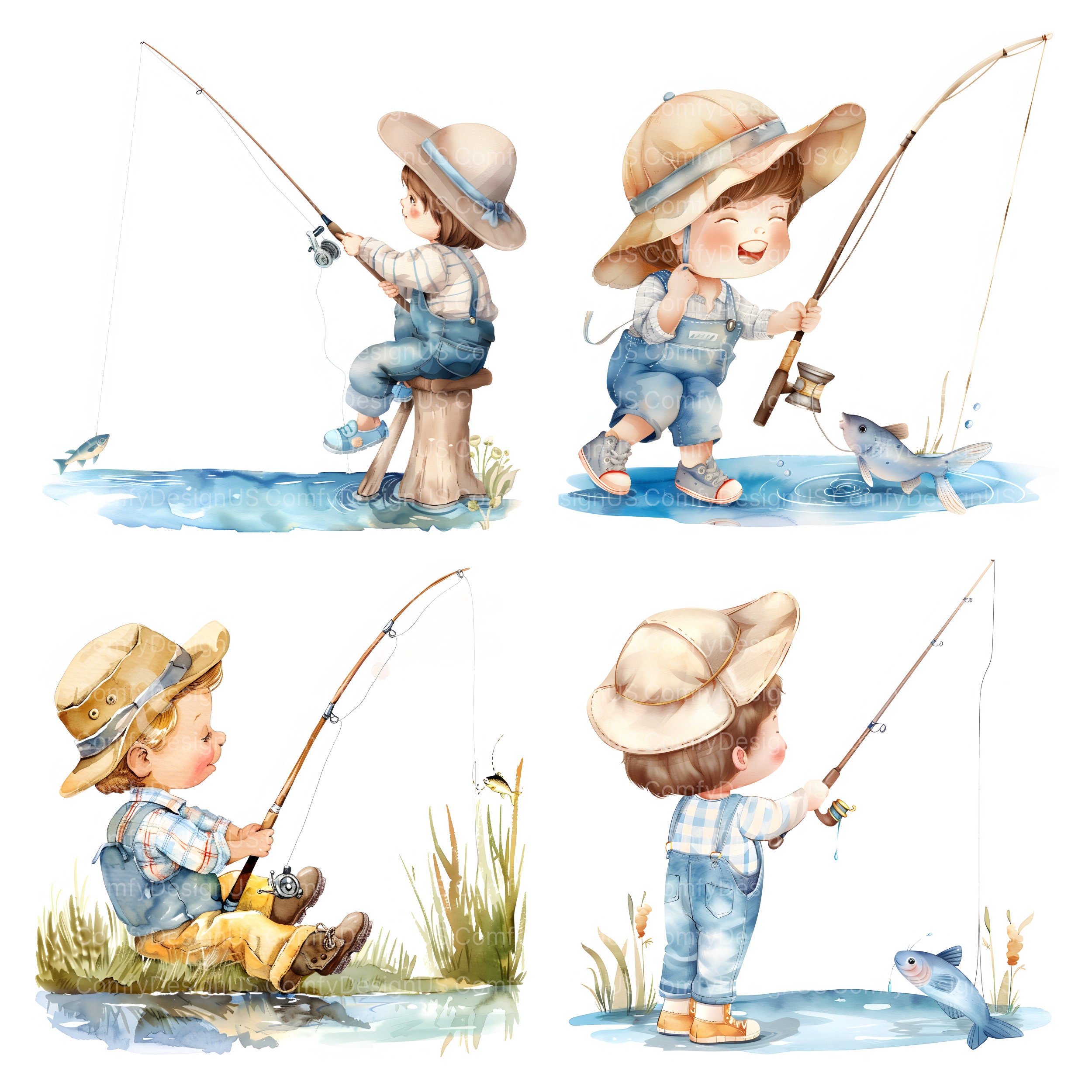 15 Kid Fishing Clipart, Fisherman Clipart, Fish Clipart, Printable ...