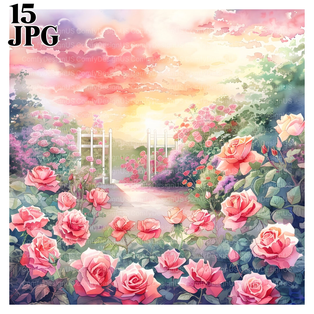 15 Rose Garden Clipart, Floral Garden, Sunset Over Garden, Printable ...