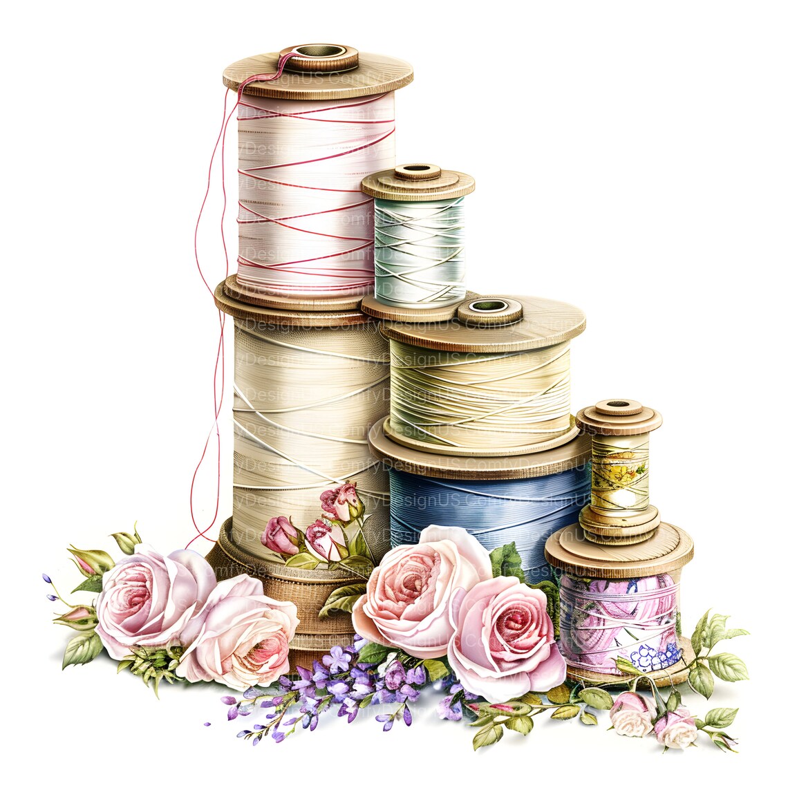 15 Vintage Spools of Thread Clipart, Floral Sewing, Floral Spool ...