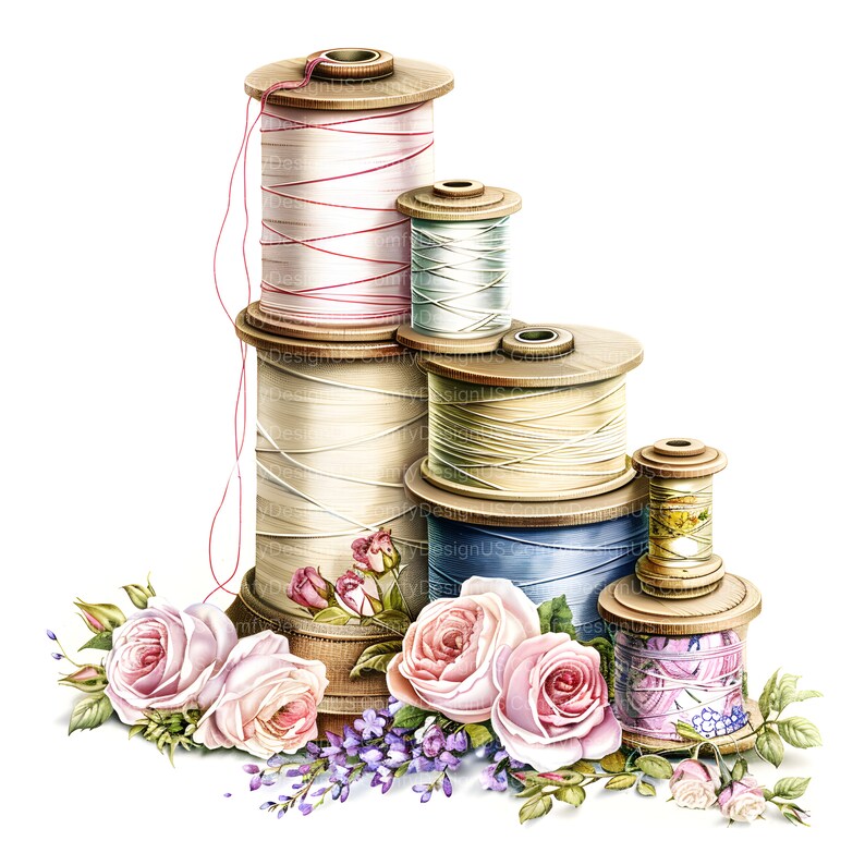 15 Vintage Spools of Thread Clipart, Floral Sewing, Floral Spool ...