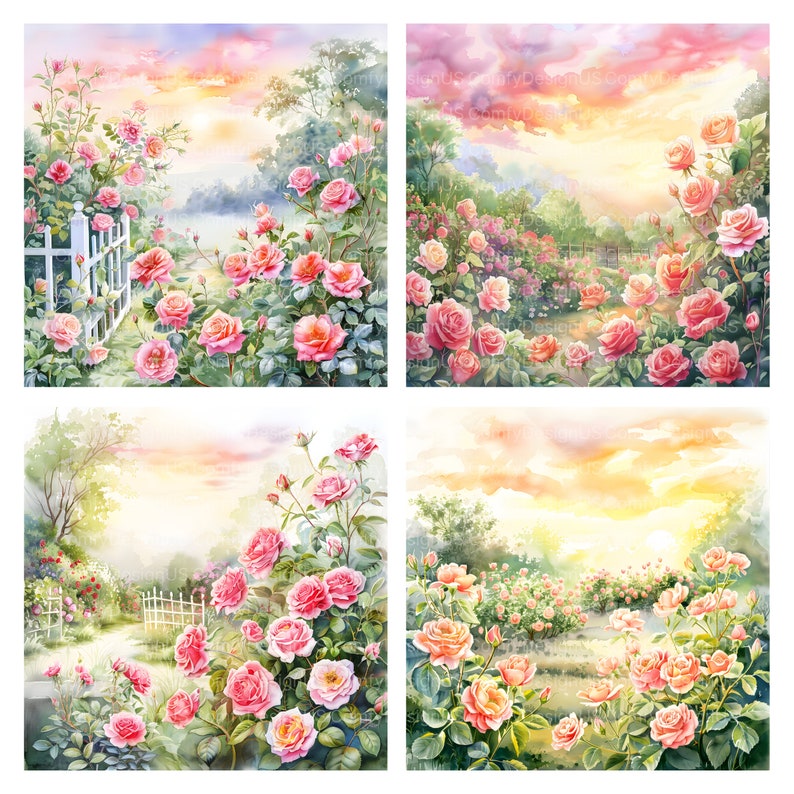 15 Rose Garden Clipart, Floral Garden, Sunset Over Garden, Printable ...