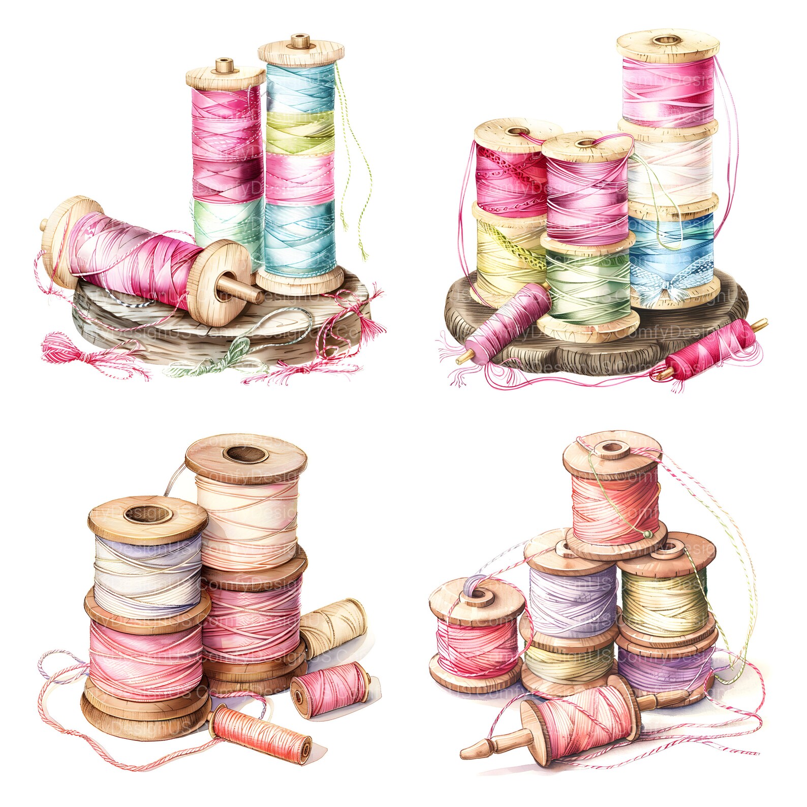 15 Vintage Spools of Thread Clipart, Floral Sewing, Floral Spool ...