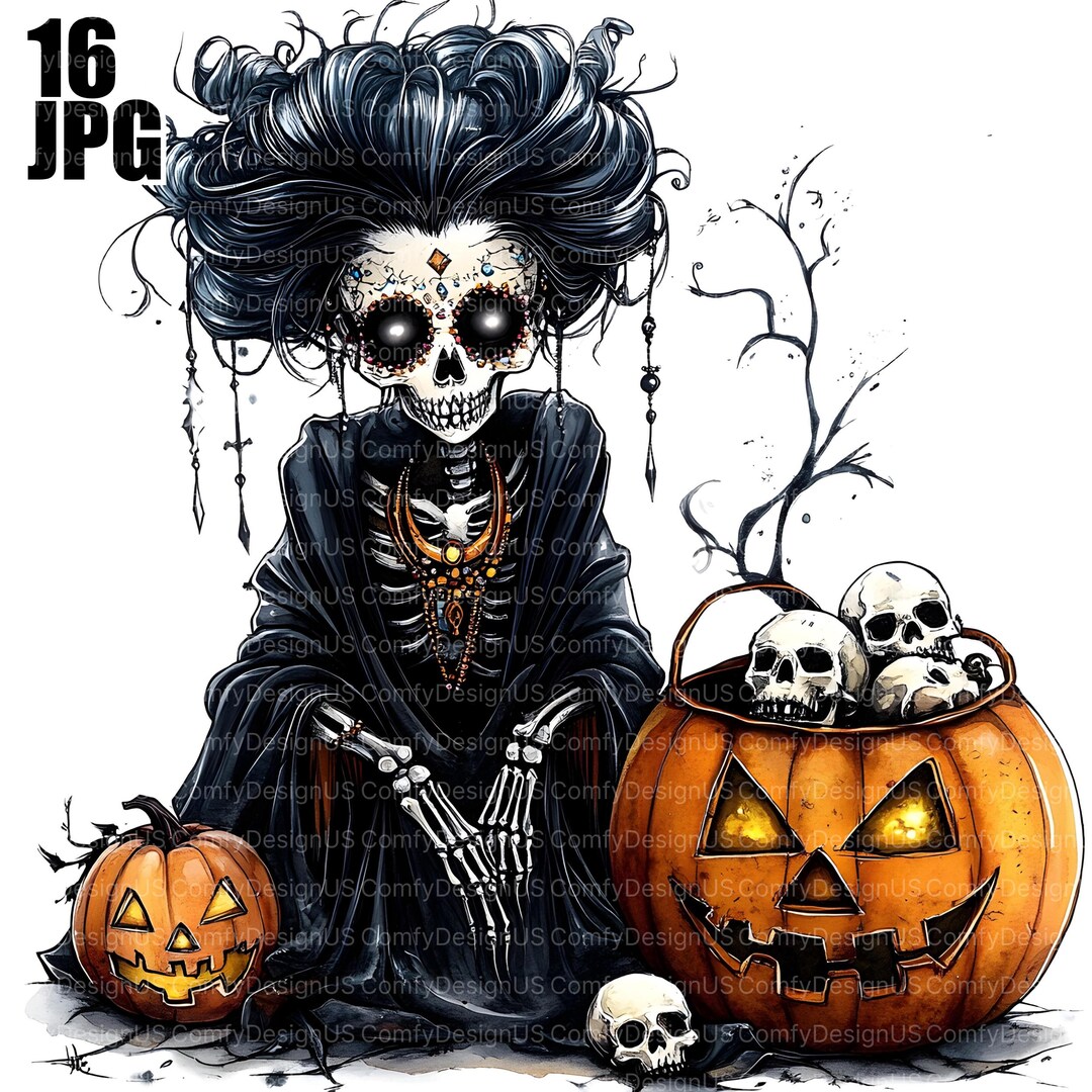 16 Gothic Skeleton Clipart, Skeleton Lady, Halloween Clipart, Quality ...