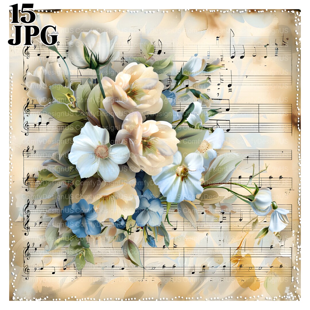 15 Vintage Music Sheet With Flowers Clipart, Aged Music Sheet, Musical ...