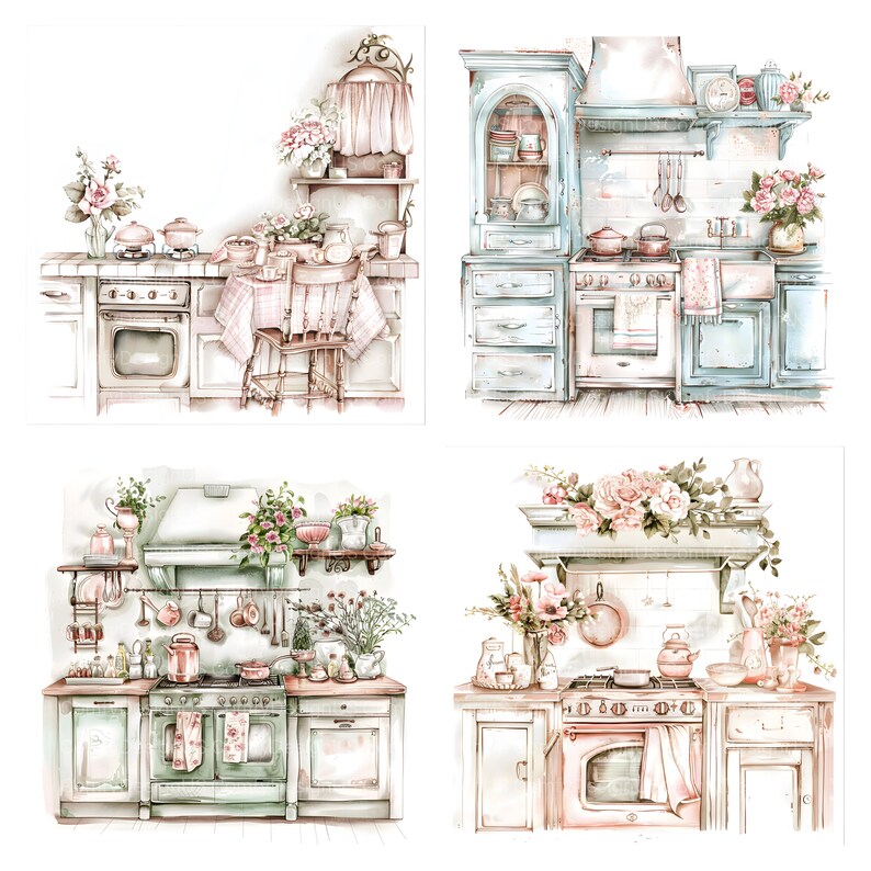 15 Vintage Floral Kitchen Clipart, Shabby Chic, Floral Kitchen ...