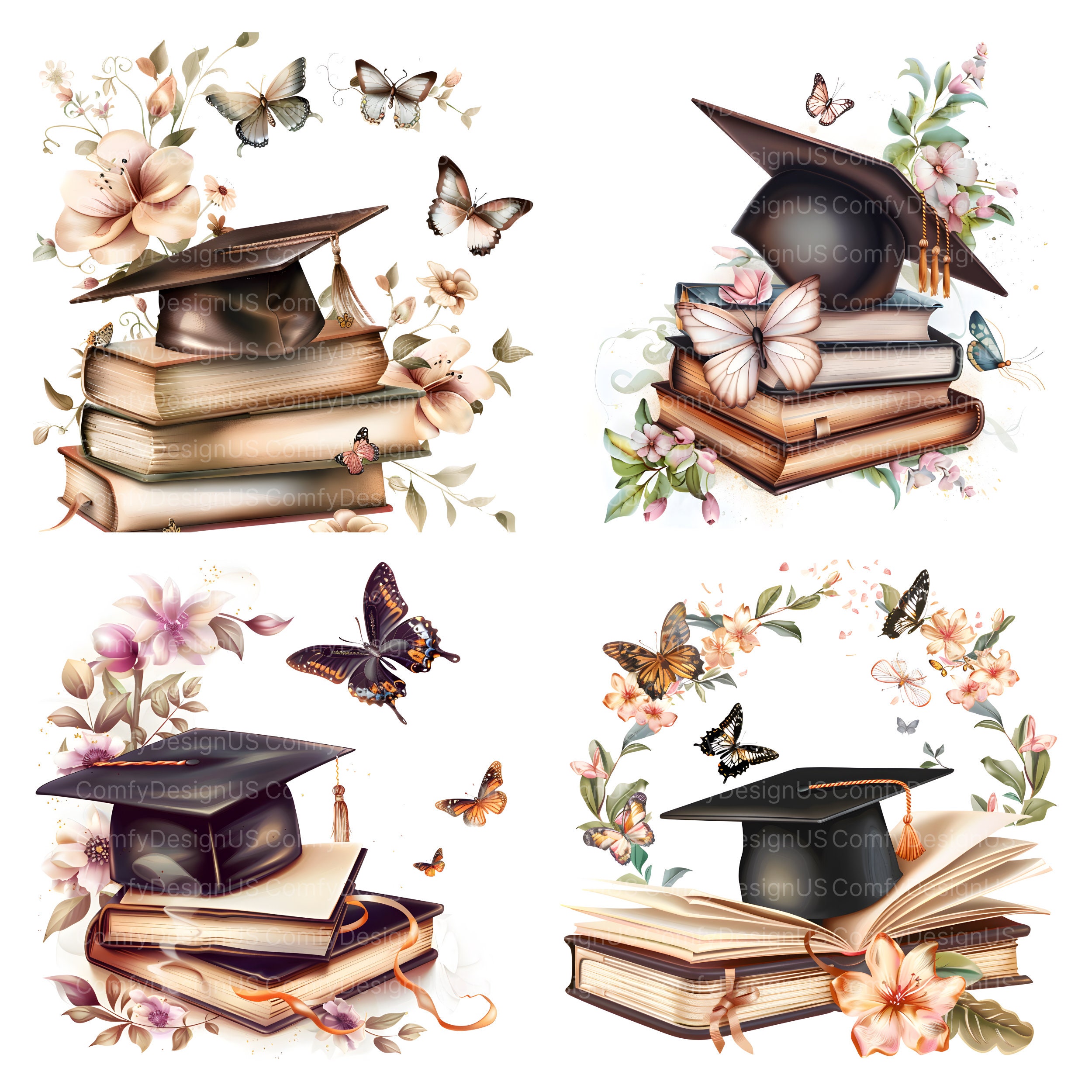 15 Graduation Caps, Diploma Clipart, Grad, Printable Watercolor Clipart ...