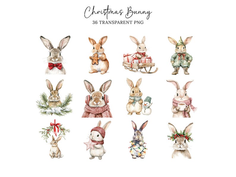 Woodland Bunny Clip Art, Watercolor Christmas Bunny PNG Clip Art ...