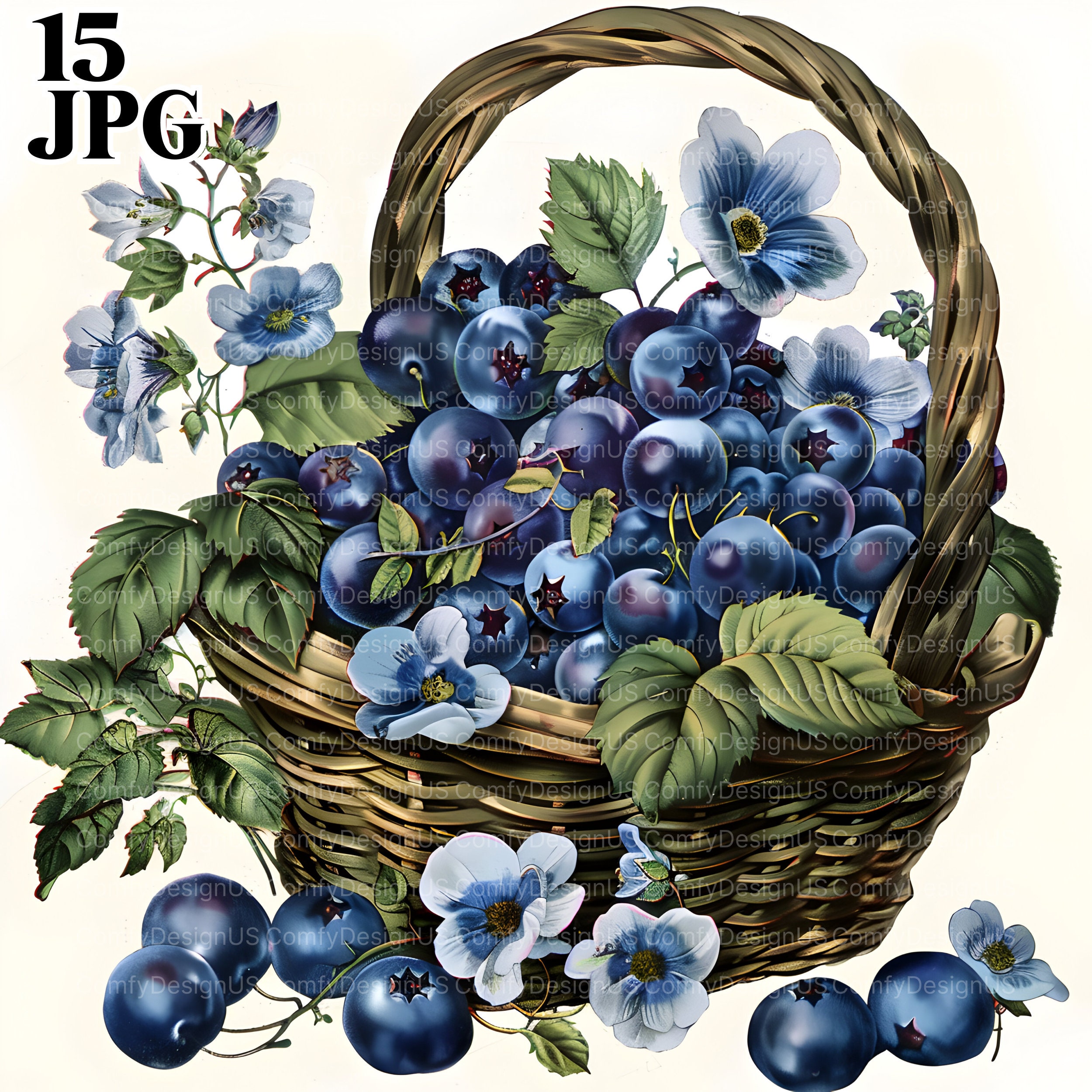 15 Basket of Blueberries Clipart, Farmhouse Blueberry, Shabby Chic ...