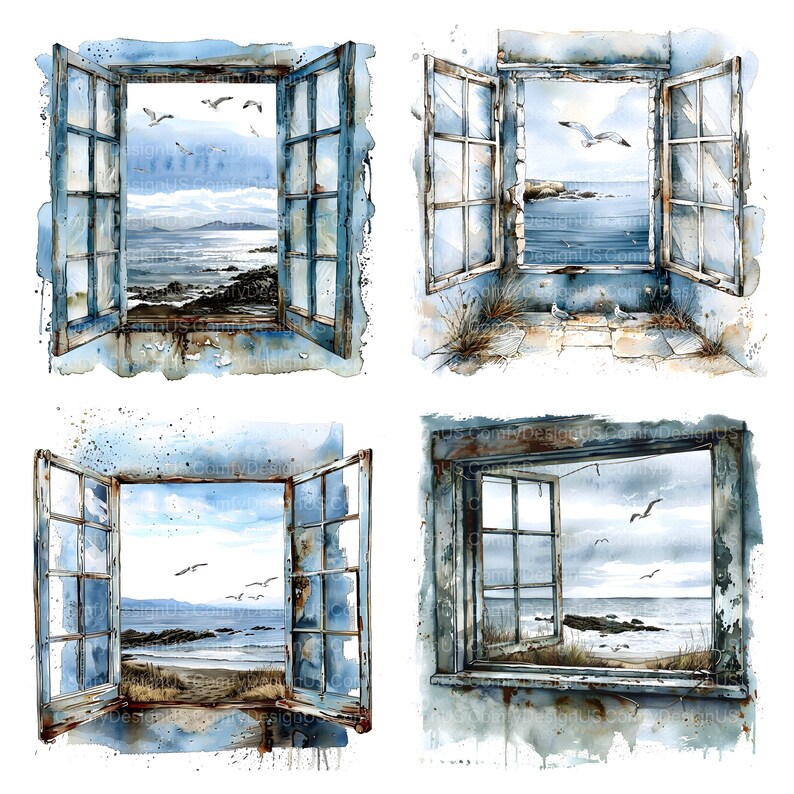 15 Window Ocean View Clipart, Window Sea View, Printable Watercolor ...