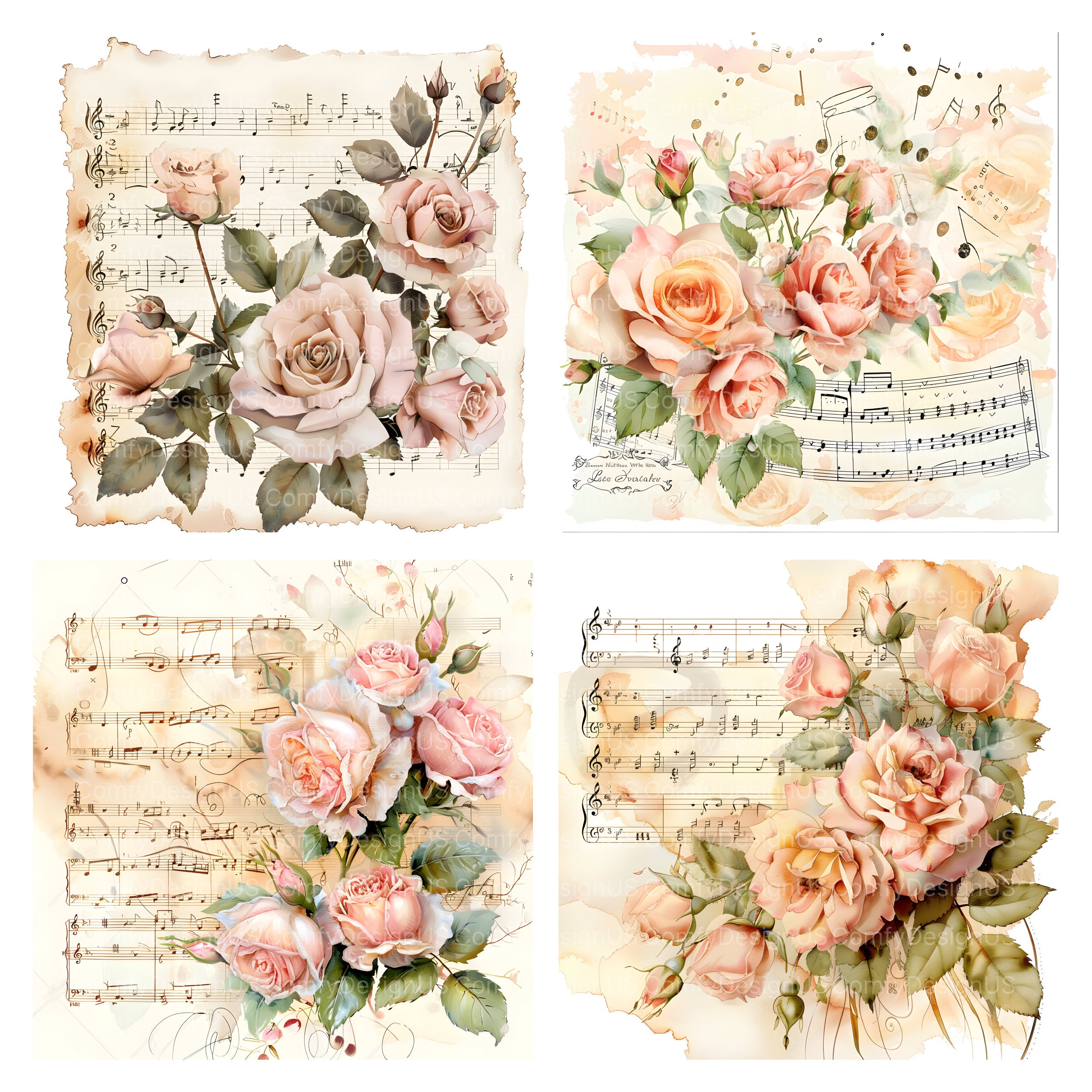 15 Floral Music Notes Clipart, Vintage Music Sheet, Music Note ...