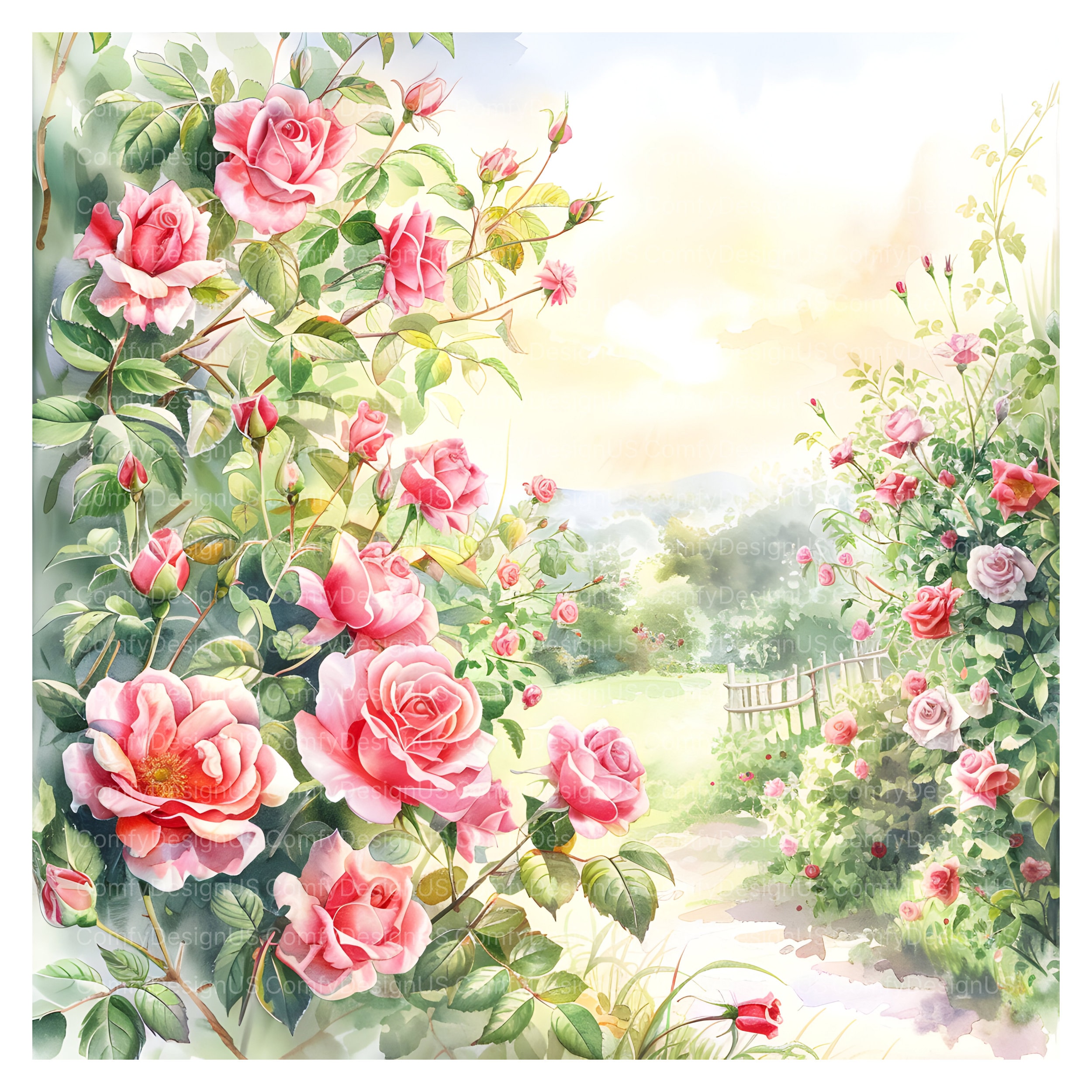 15 Rose Garden Clipart, Floral Garden, Sunset Over Garden, Printable ...